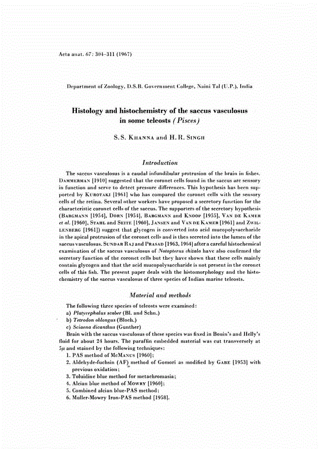Histology and histochemistry of the saccus vasculosus in some teleosts ...