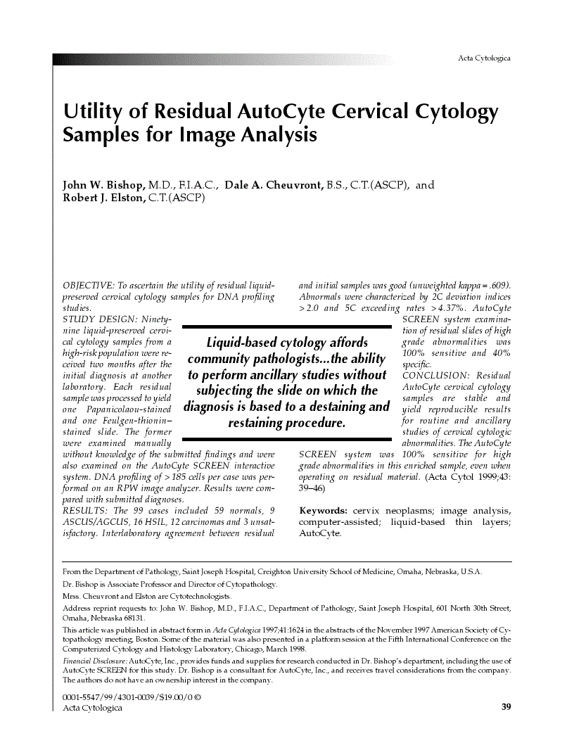 Utility of Residual AutoCyte Cervical Cytology Samples for Image ...