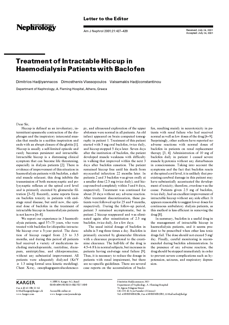 Treatment of Intractable Hiccup in Haemodialysis Patients with Baclofen ...