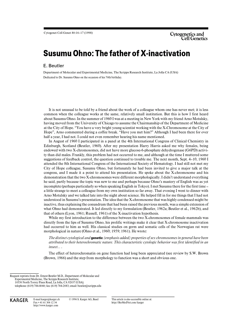 Susumu Ohno: The father of X-inactivation | Cytogenetic and Genome ...
