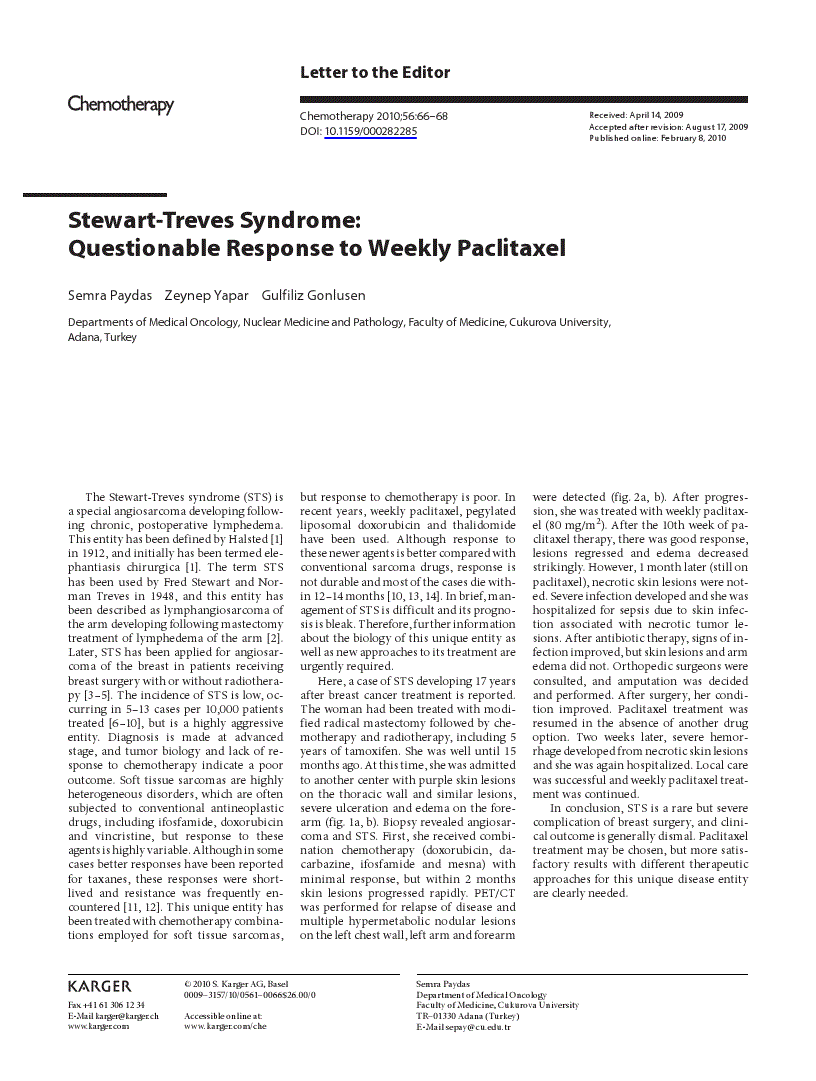 Stewart-Treves Syndrome: Questionable Response to Weekly Paclitaxel ...