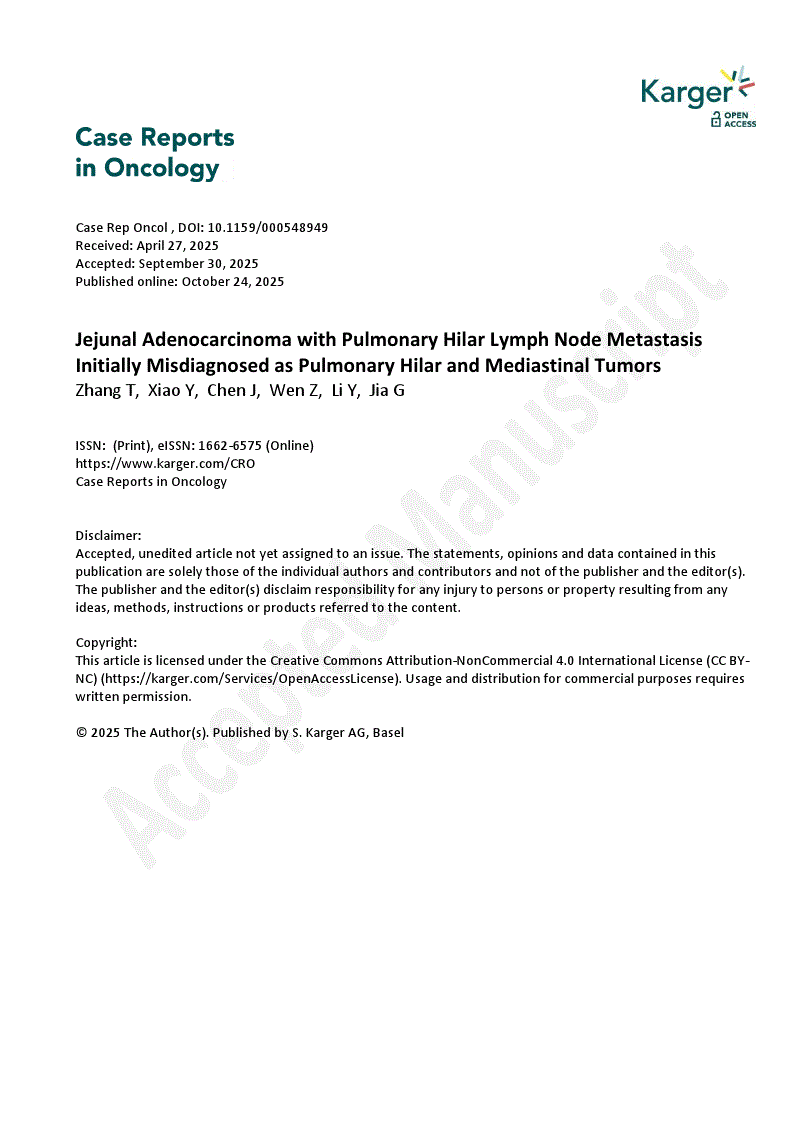 Jejunal Adenocarcinoma with Pulmonary Hilar Lymph Node Metastasis ...