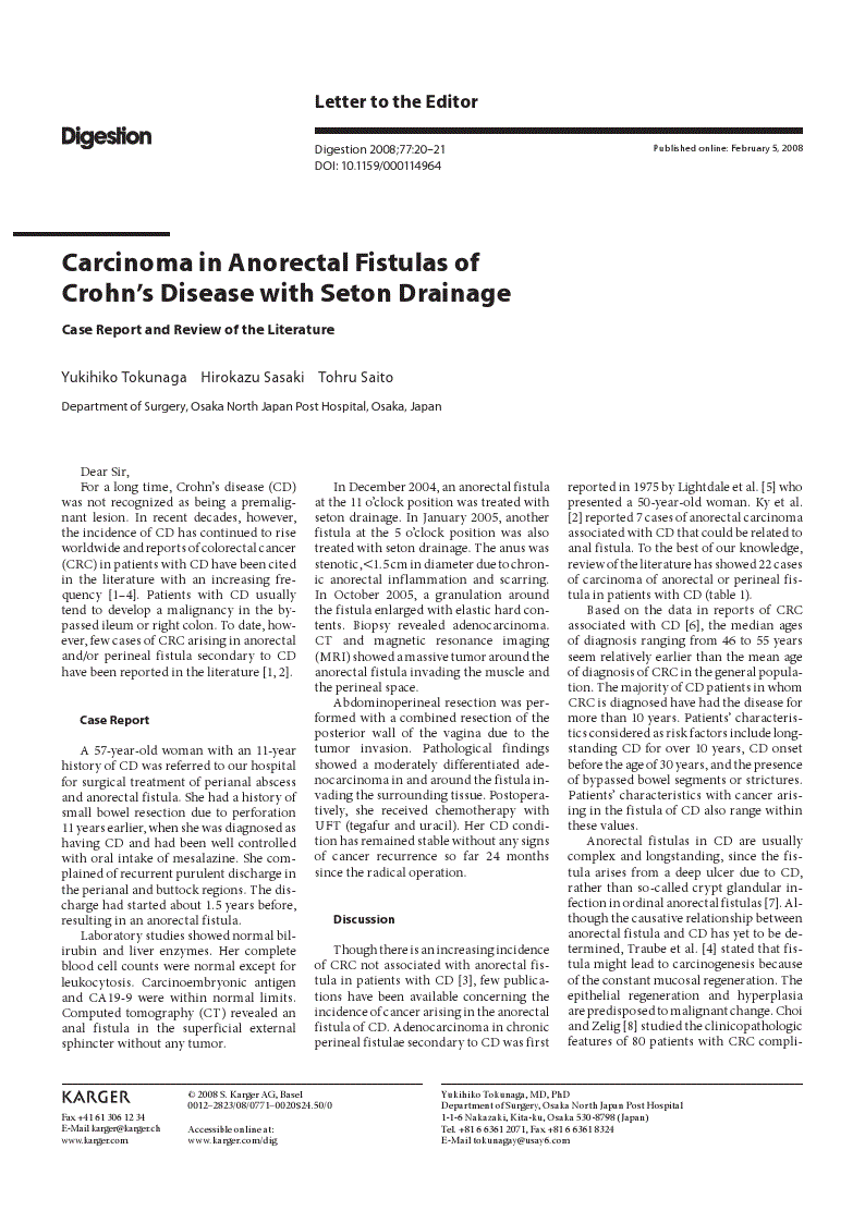 Carcinoma in Anorectal Fistulas of Crohn’s Disease with Seton Drainage ...