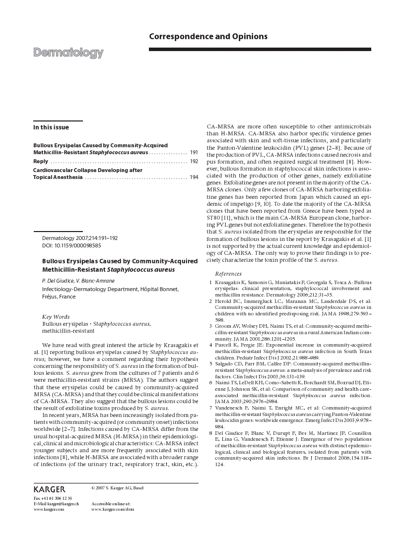 Bullous Erysipelas Caused by Community-Acquired Methicillin-Resistant ...