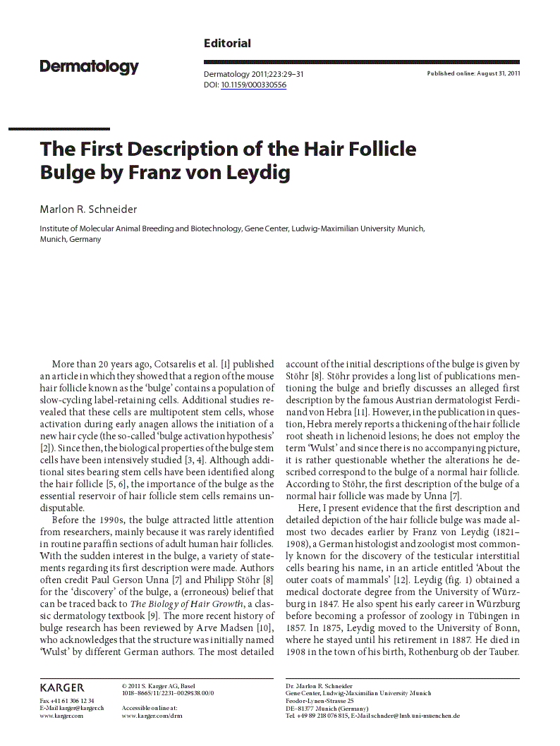 The First Description of the Hair Follicle Bulge by Franz von Leydig ...