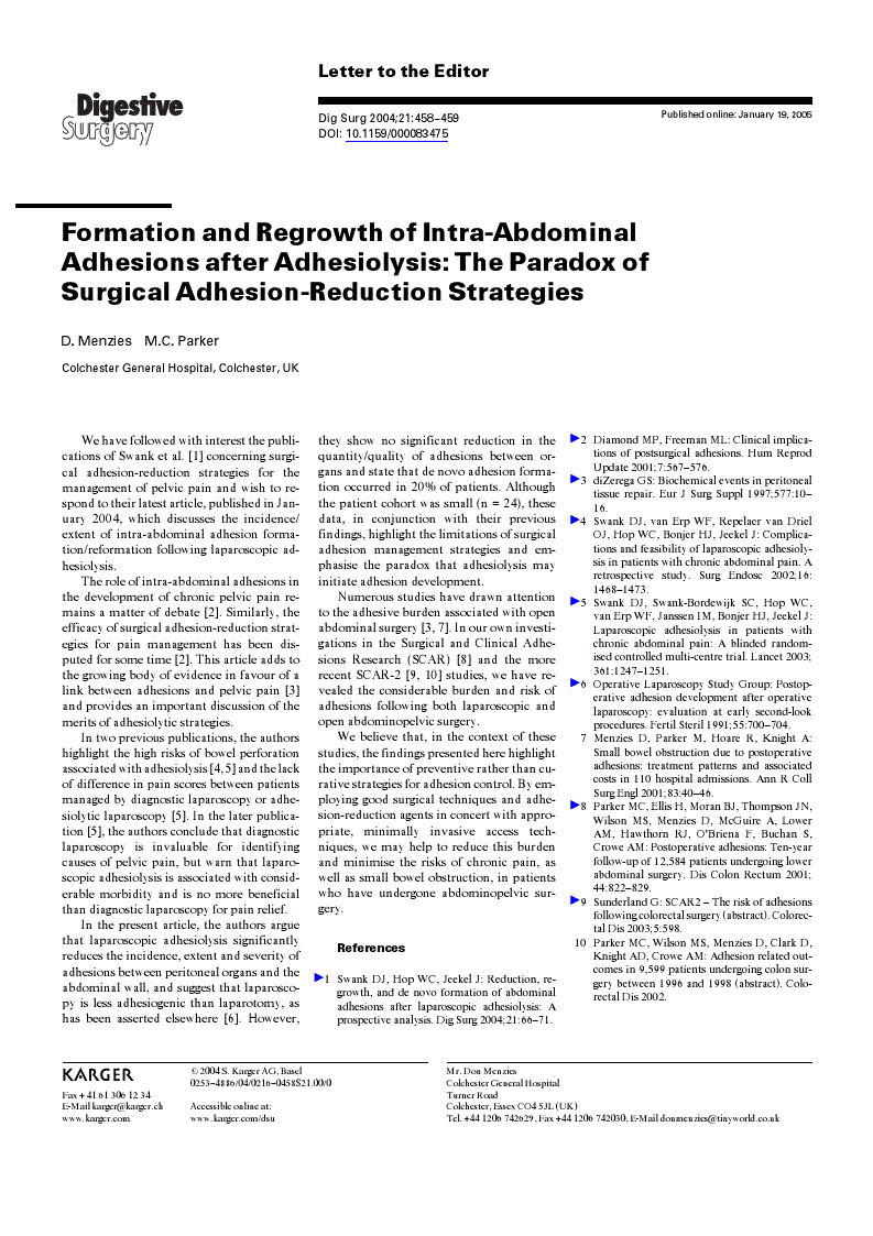 Formation and Regrowth of Intra-Abdominal Adhesions after Adhesiolysis ...