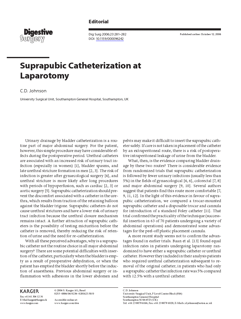 Suprapubic Catheterization at Laparotomy | Digestive Surgery | Karger Publishers