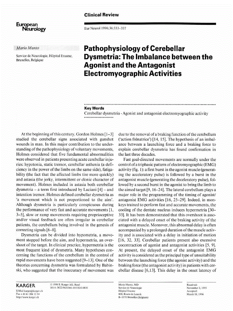 Pathophysiology of Cerebellar Dysmetria: The Imbalance between the ...