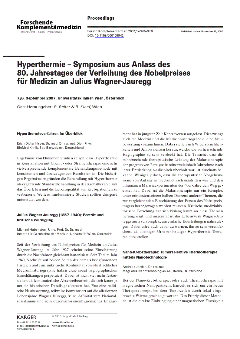 Hyperthermie – Symposium aus Anlass des 80. Jahrestages der Verleihung des Nobelpreises für ...