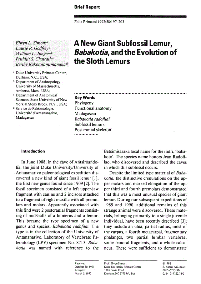 A New Giant Subfossil Lemur, Babakotia, and the Evolution of the Sloth ...