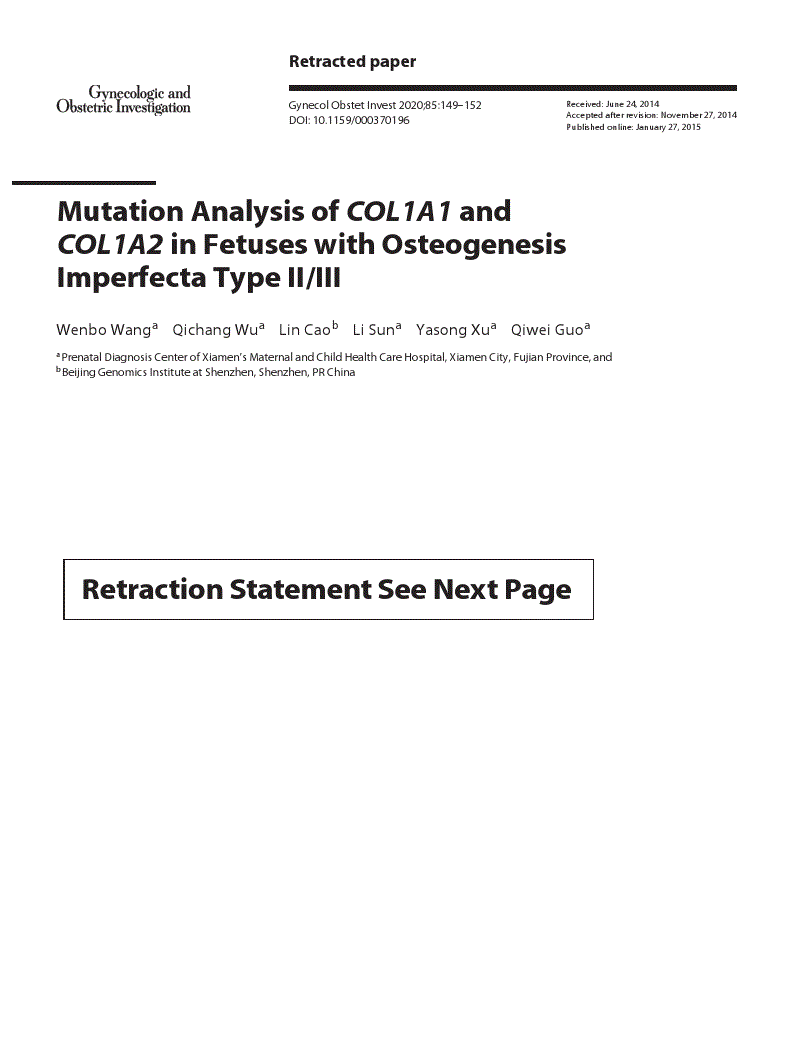 Retracted Paper - Mutation Analysis of COL1A1 and COL1A2 in Fetuses ...