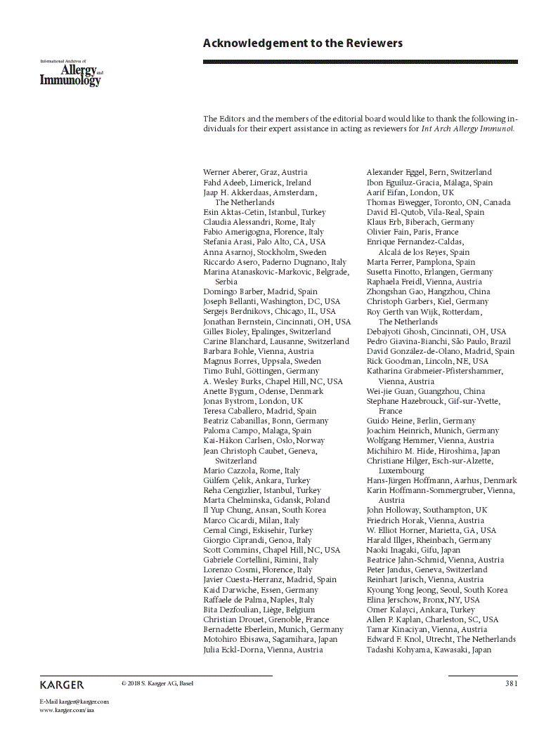Acknowledgement to the Reviewers | International Archives of Allergy ...