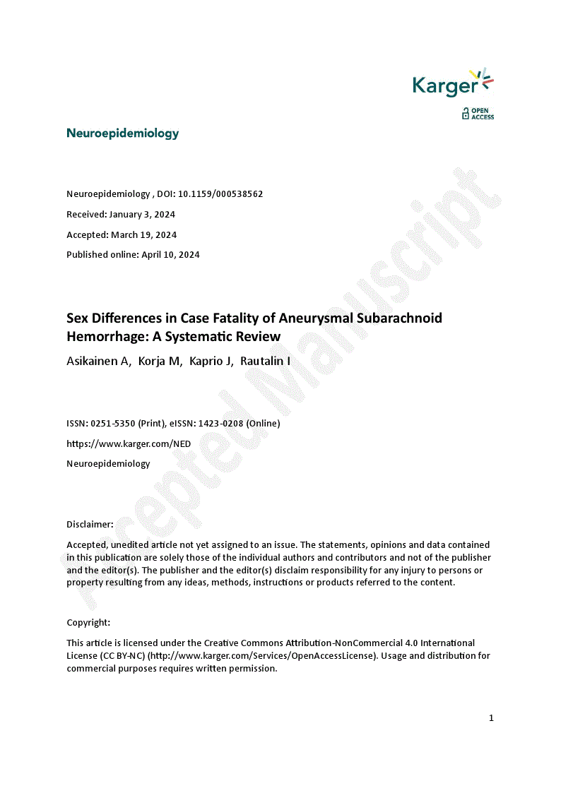 Sex Differences In Case Fatality Of Aneurysmal Subarachnoid Hemorrhage