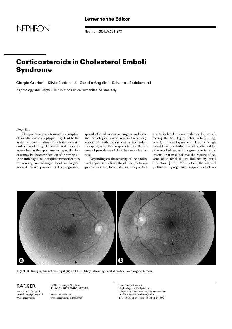 Corticosteroids in Cholesterol Emboli Syndrome | Nephron | Karger ...