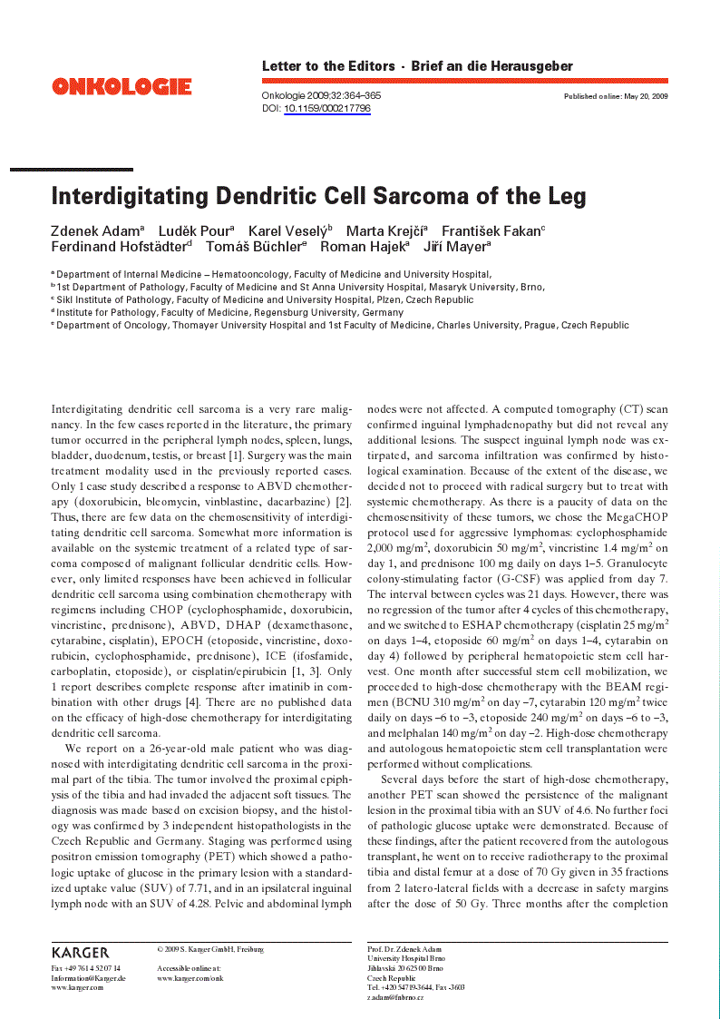 Interdigitating Dendritic Cell Sarcoma of the Leg | Onkologie | Karger ...