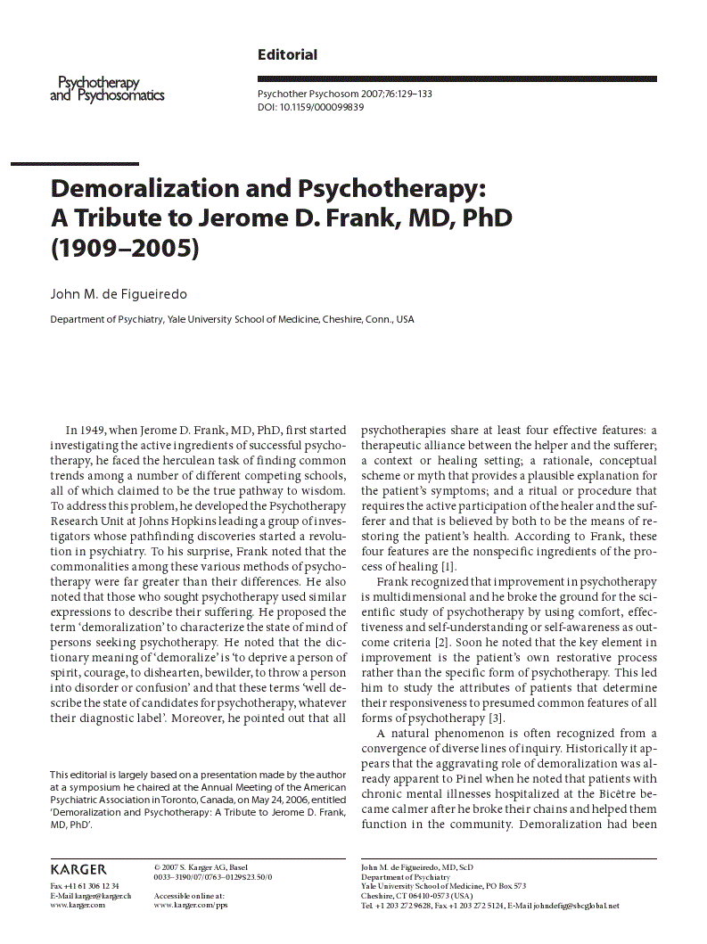 Demoralization and Psychotherapy: A Tribute to Jerome D. Frank, MD, PhD ...