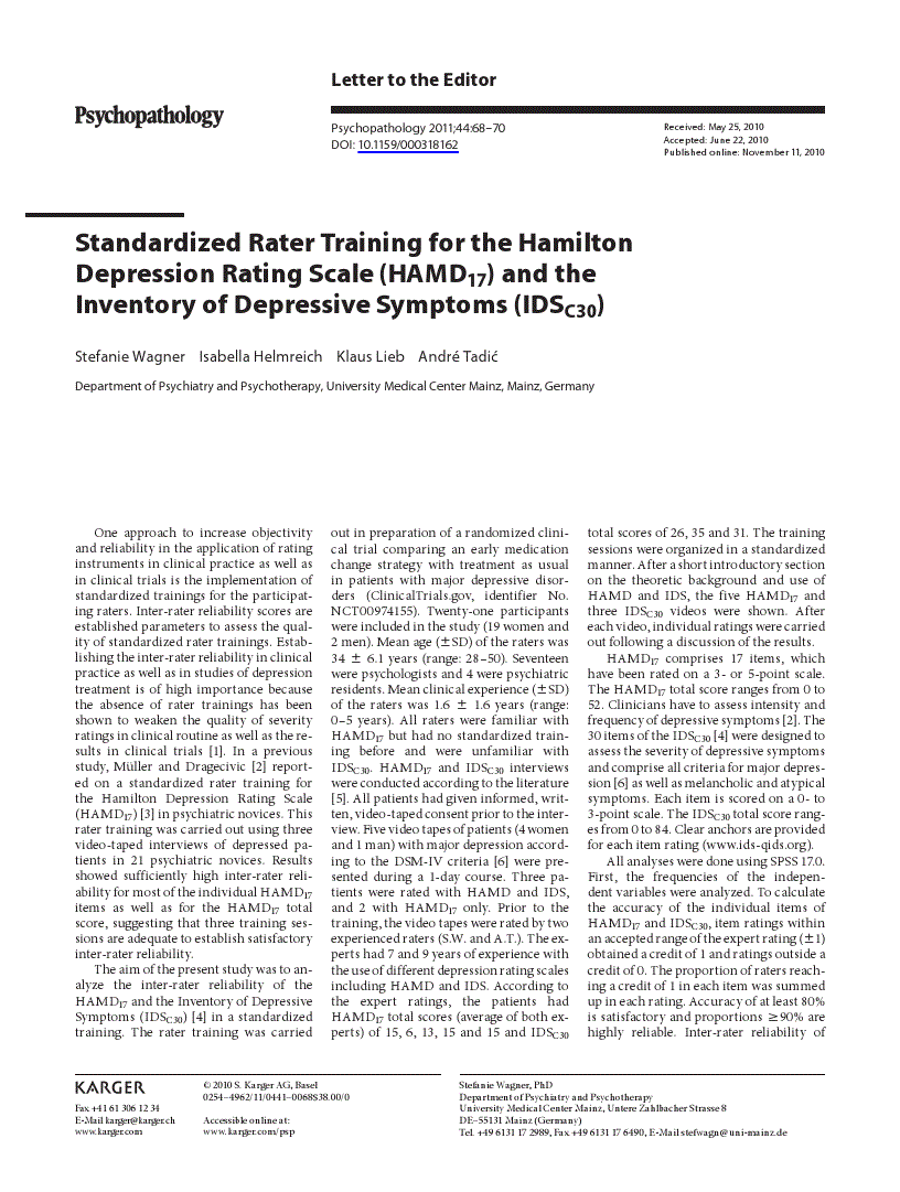 Standardized Rater Training for the Hamilton Depression Rating Scale (HAMD17) and the Inventory ...