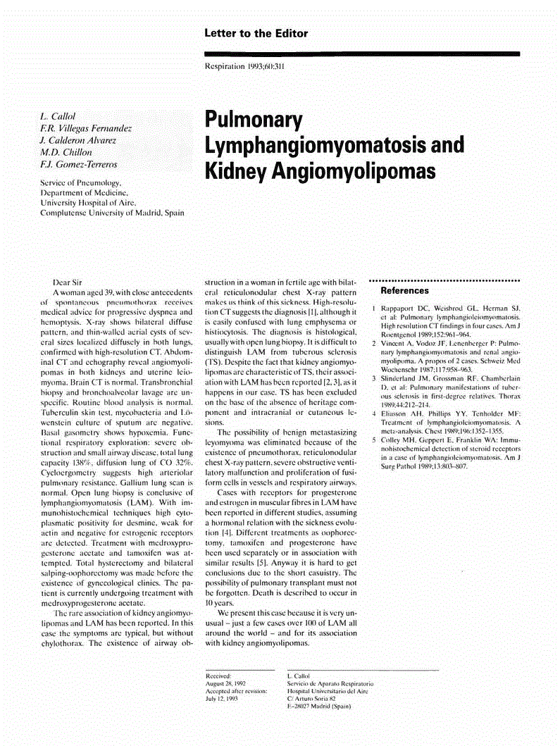 Pulmonary Lymphangiomyomatosis and Kidney Angiomyolipomas | Respiration ...