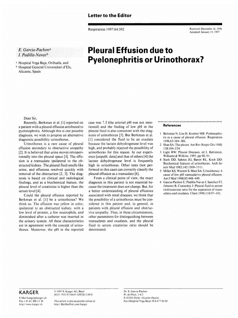 Pleural Effusion due to Pyelonephritis or Urinothorax? | Respiration ...
