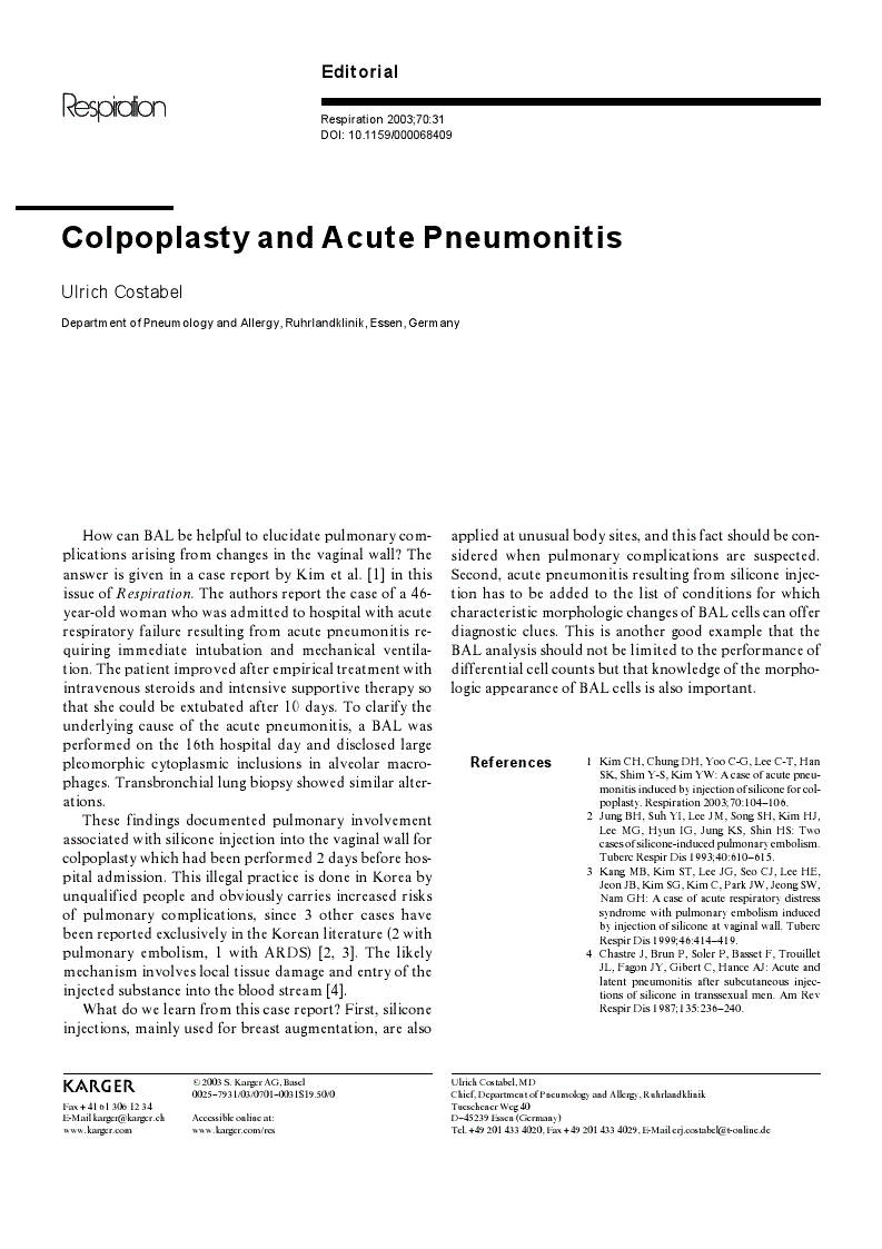 Colpoplasty and Acute Pneumonitis | Respiration | Karger Publishers