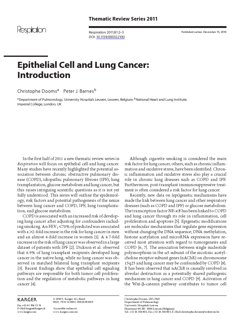 Epithelial Cell and Lung Cancer: Introduction | Respiration | Karger ...