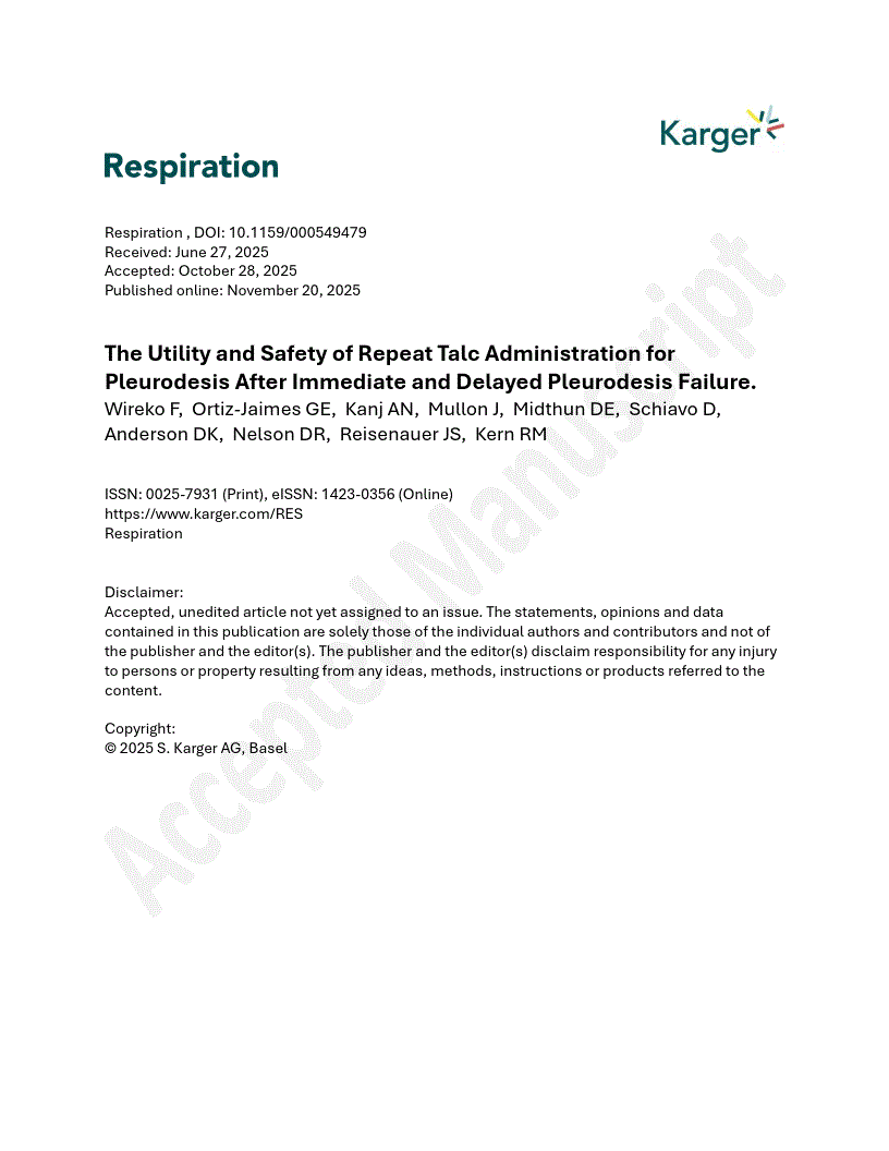 The Utility and Safety of Repeat Talc Administration for Pleurodesis ...