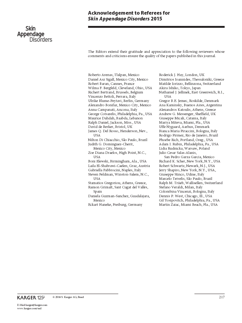 Acknowledgement to Referees for Skin Appendage Disorders 2015 | Skin ...