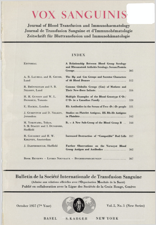 Volume 2 Issue 5 | Vox Sanguinis | Karger Publishers
