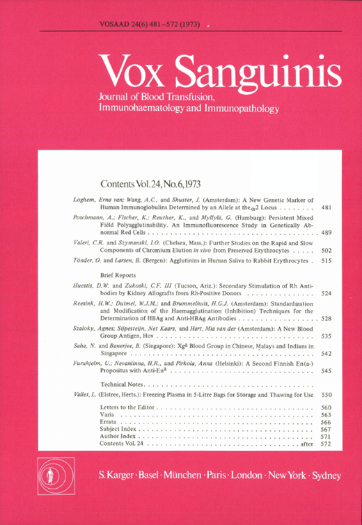 Contents Vol. 24 | Vox Sanguinis | Karger Publishers