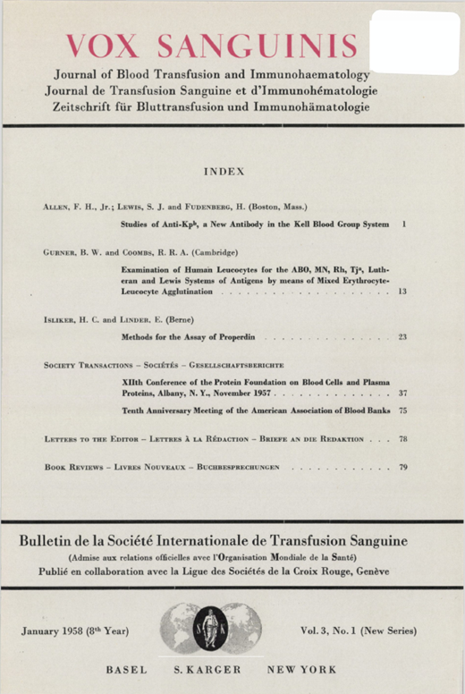 Volume 3 Issue 1 | Vox Sanguinis | Karger Publishers