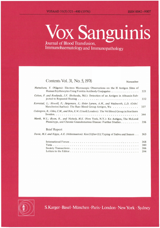 Volume 31 Issue 5 | Vox Sanguinis | Karger Publishers