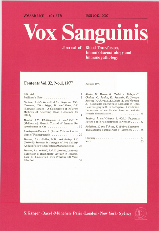 Volume 32 Issue 1 | Vox Sanguinis | Karger Publishers
