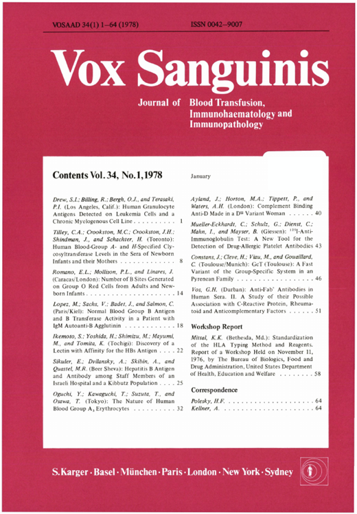 Volume 34 Issue 1 | Vox Sanguinis | Karger Publishers