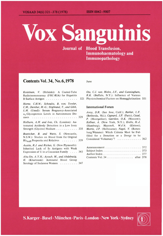 Subject Index | Vox Sanguinis | Karger Publishers