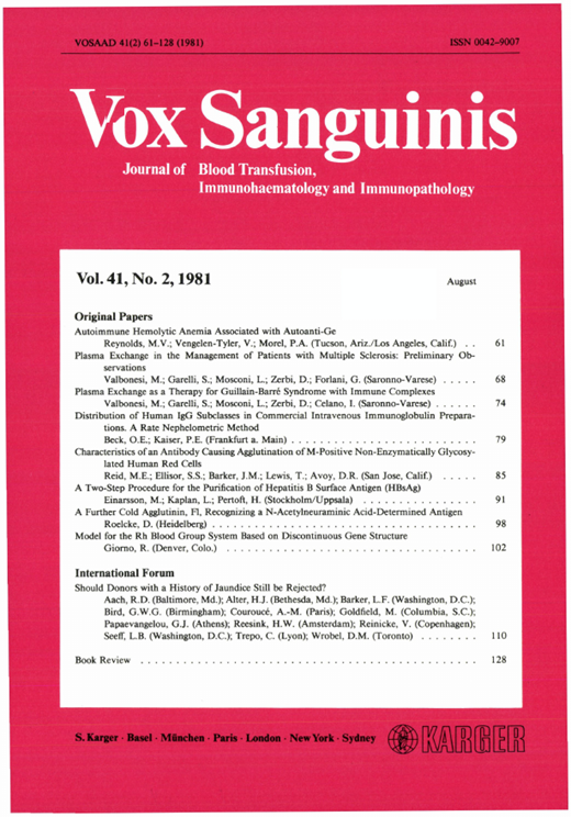 Volume 41 Issue 2 | Vox Sanguinis | Karger Publishers