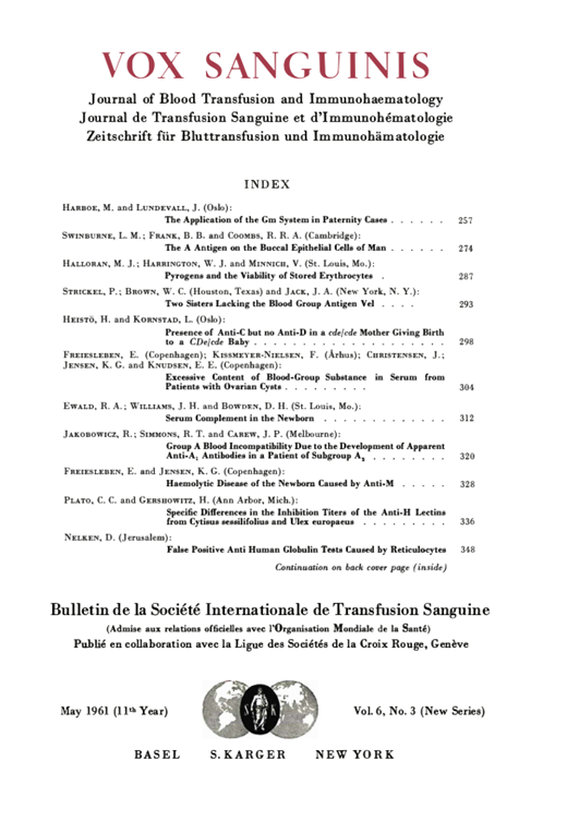 Volume 6 Issue 3 | Vox Sanguinis | Karger Publishers