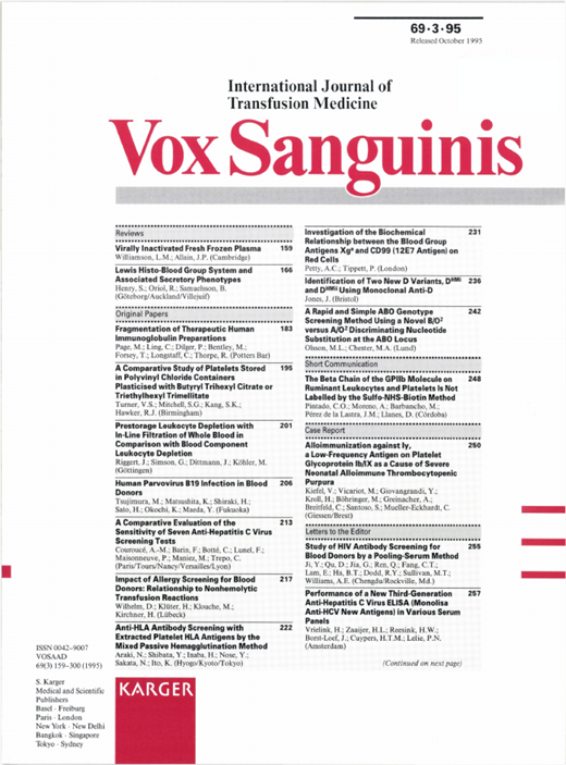Virally Inactivated Fresh Frozen Plasma | Vox Sanguinis | Karger Publishers