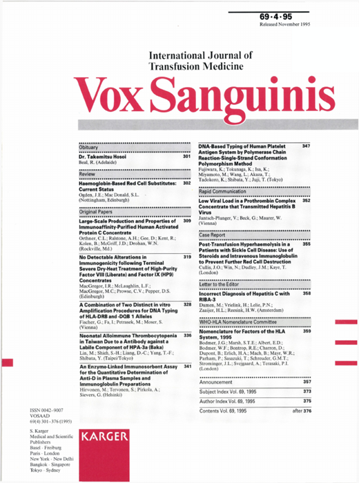 Volume 69 Issue 4 | Vox Sanguinis | Karger Publishers