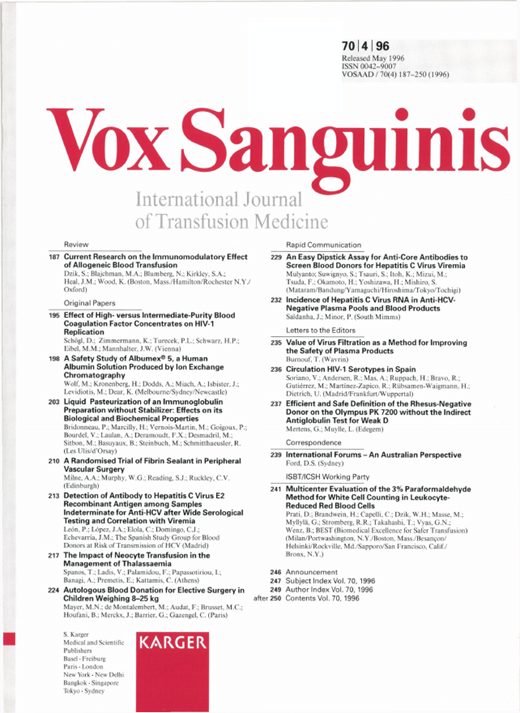 Volume 70 Issue 4 | Vox Sanguinis | Karger Publishers