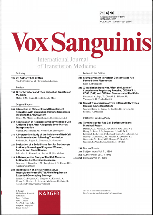 Contents | Vox Sanguinis | Karger Publishers